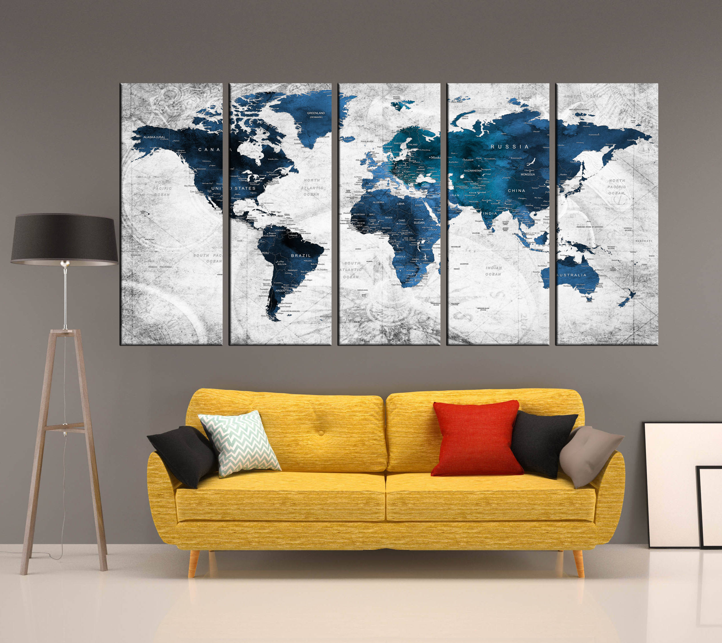 Large abstract art canvas world map wall art push pin travel | Etsy