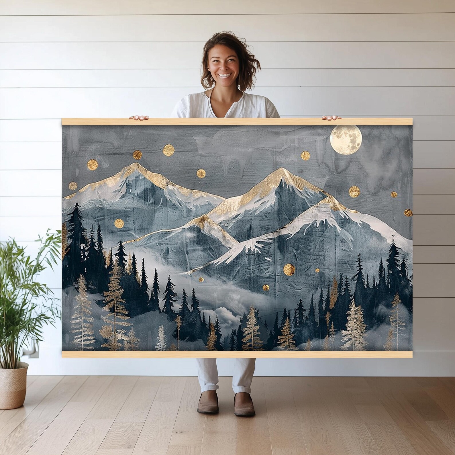 Mystical Moonlit Mountain Tapestry | Golden Night Forest Wall Hanging ...