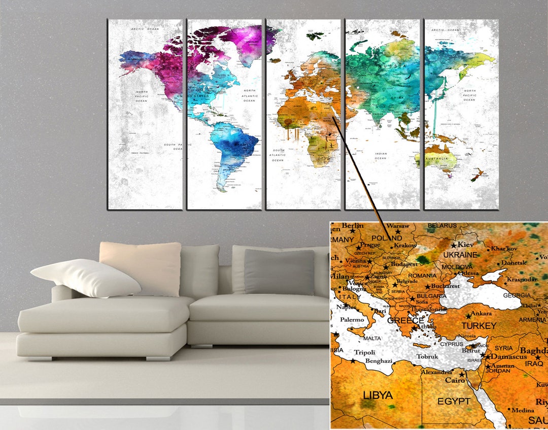 Large Push Pin World Map Canvas Print, Extra Large Wall Art, Watercolor ...