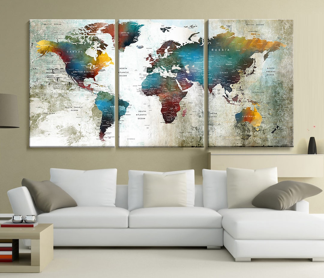 Modern World Map Triptych Canvas - Large Colorful Multi-panel Wall Art ...