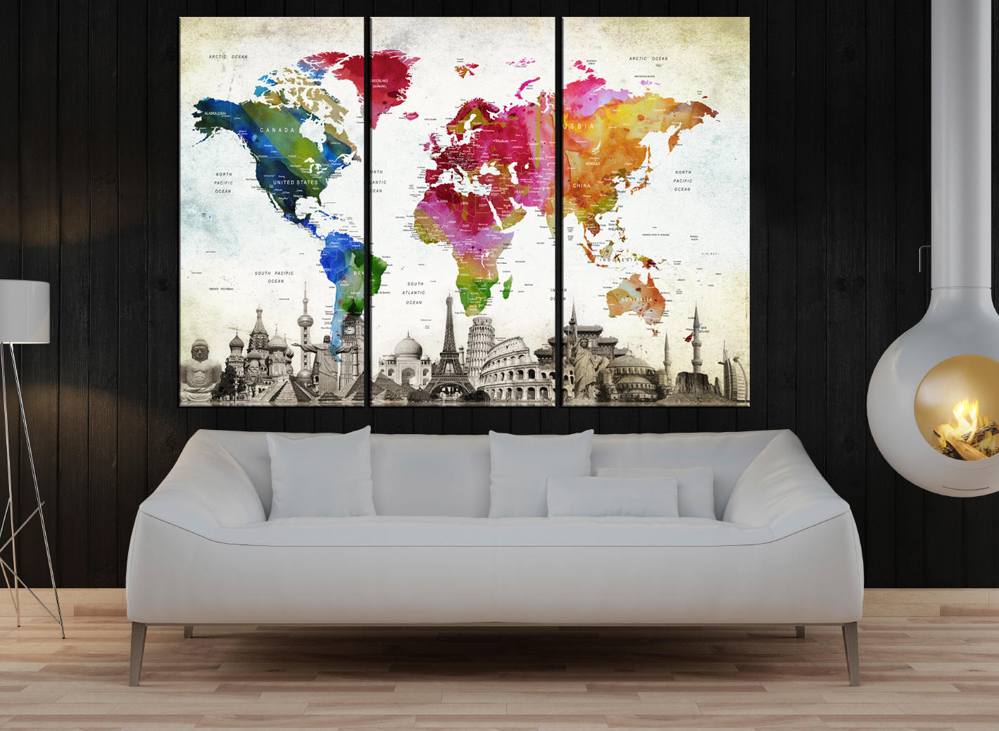 Set of 3 panel ready to hang world map art canvas print | Etsy