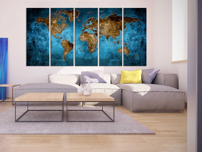 Canvas Wall Art Set of 5 Blue World Map Push Pin Wall Art | Etsy