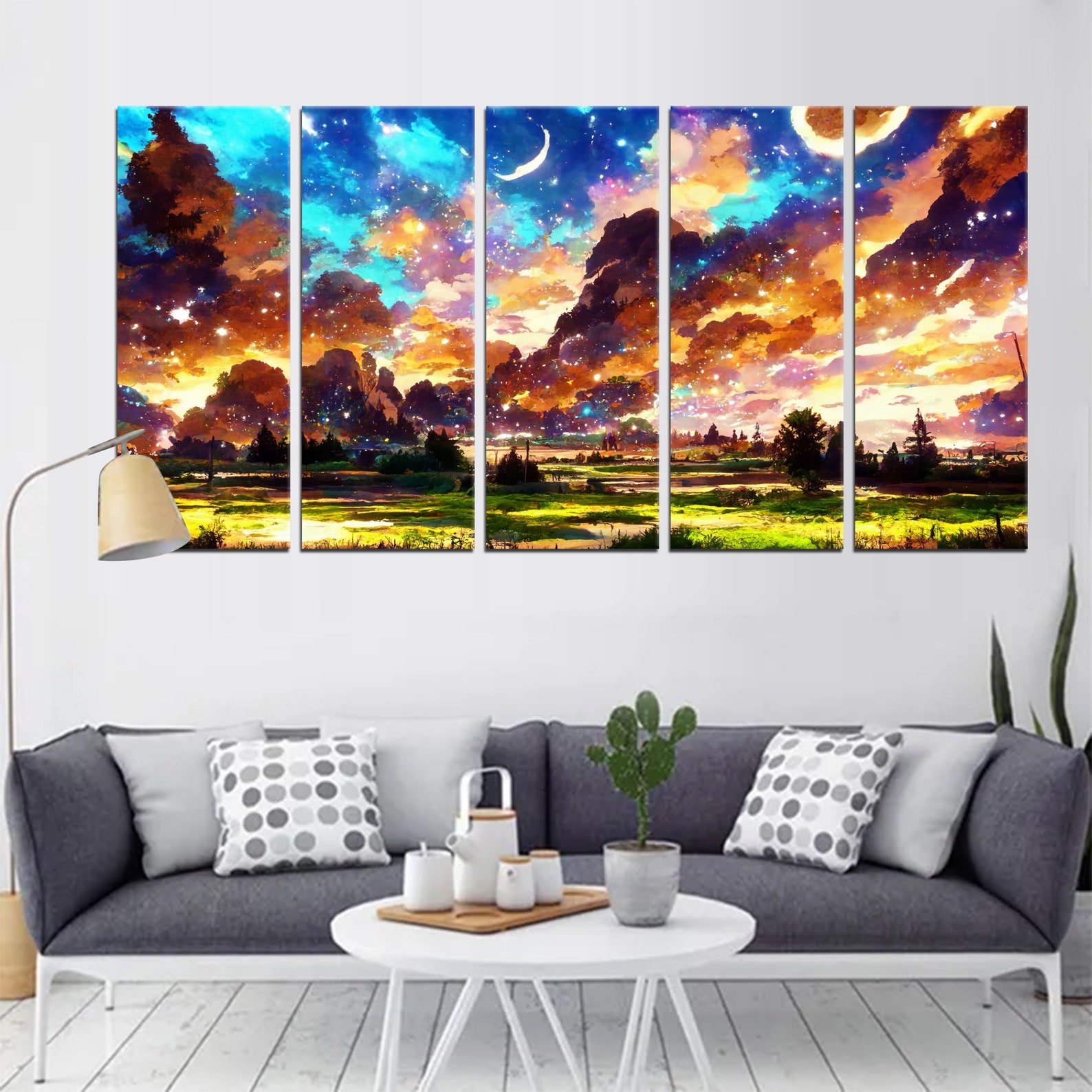 Magical Starry Sky Triptych Canvas - Vibrant Night Landscape Wall Art ...