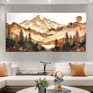 Layered Wood Effect Mountain Canvas Print, Framed Nature Landscape Wall ...