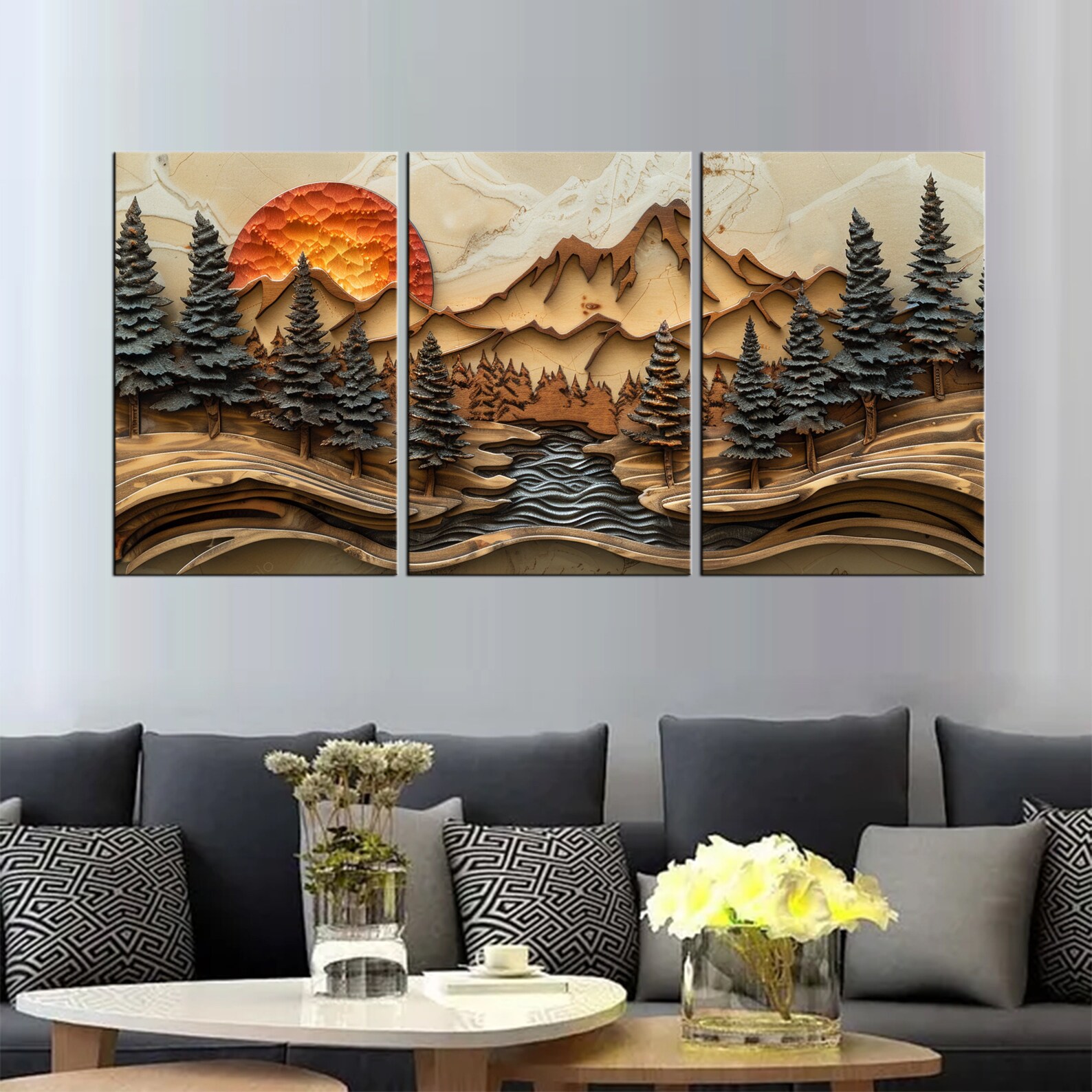 3d Wood Layered Effect Mountains Wall Art Landscape Canvas Print Rustic ...