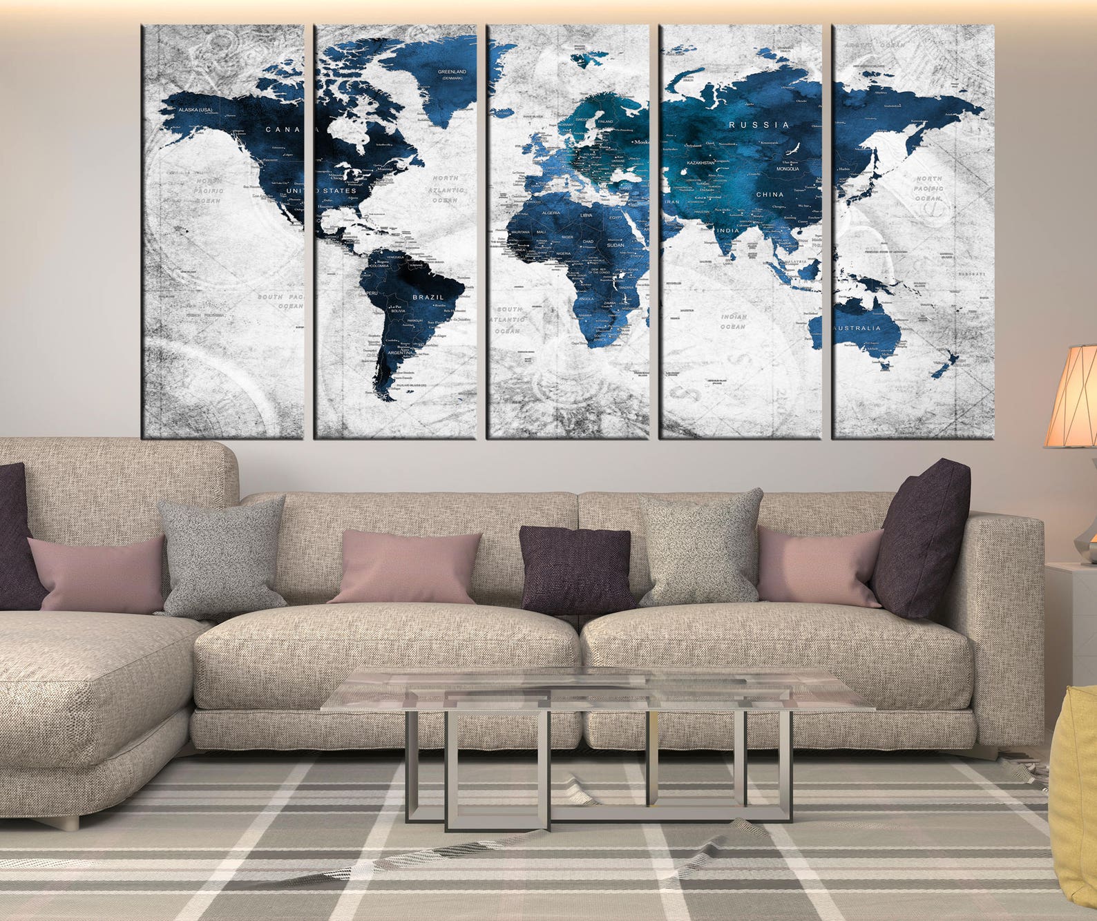 Large abstract art canvas world map wall art push pin travel | Etsy