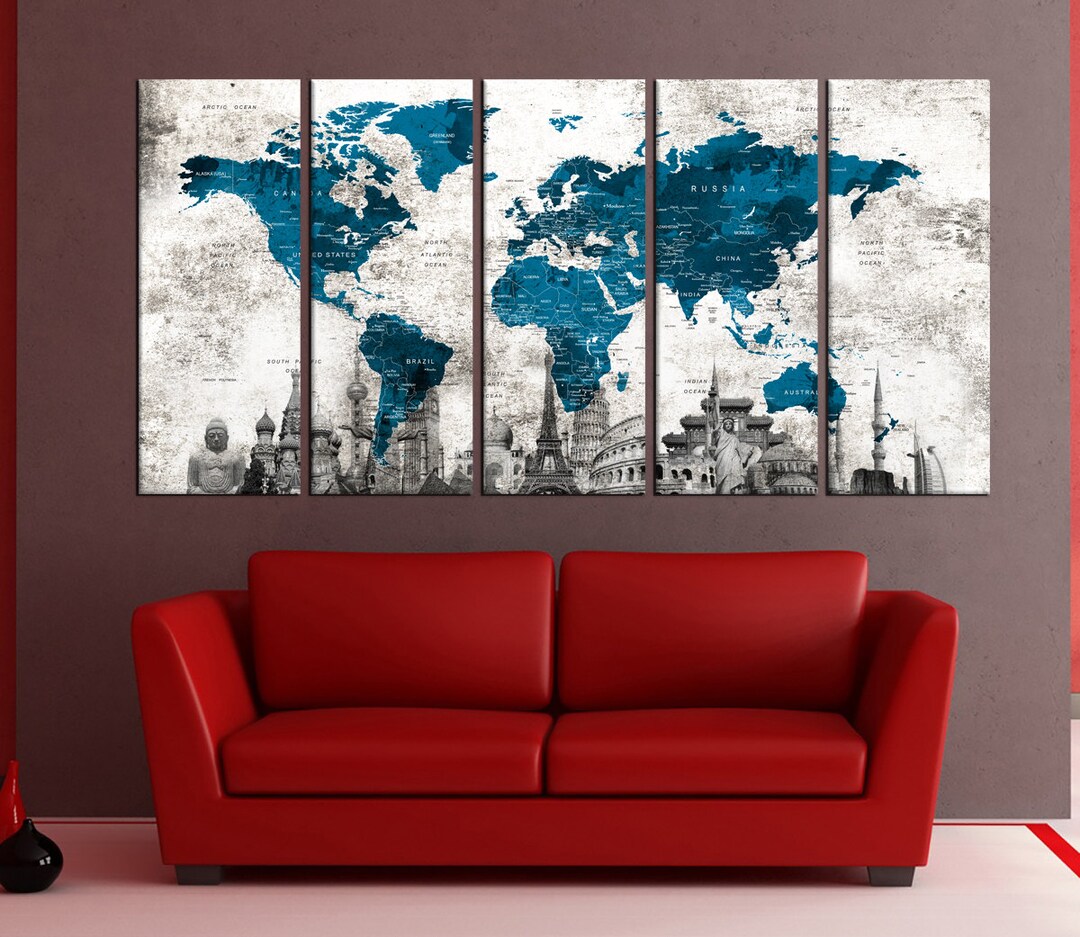 Abstract Wall Art Push Pin World Map Canvas Print, Extra Large Wall Art ...