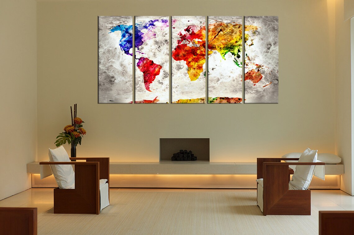 Large abstract art canvas world map wall art modern wall | Etsy