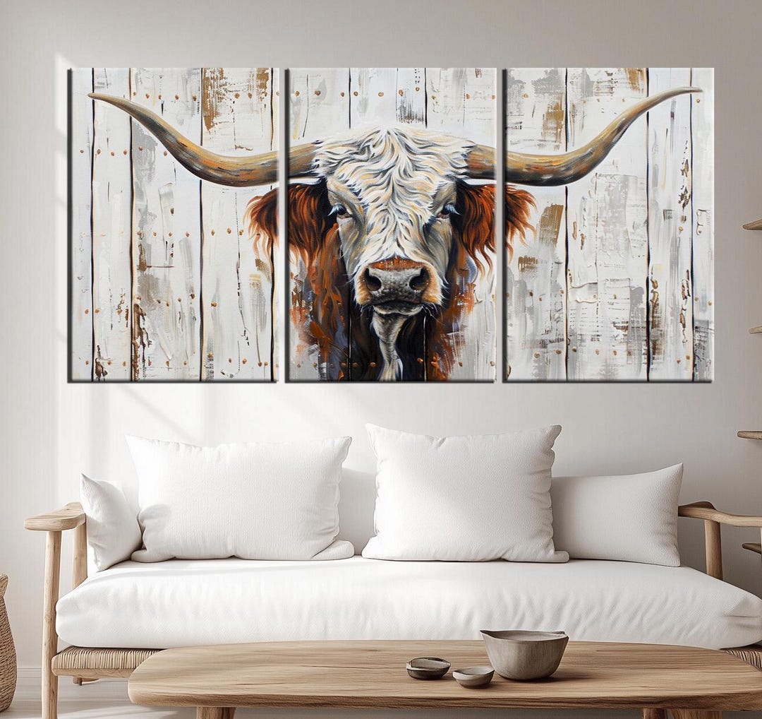 Longhorn Steer Art Print - Rustic Western Wall Decor - Farmhouse Animal ...