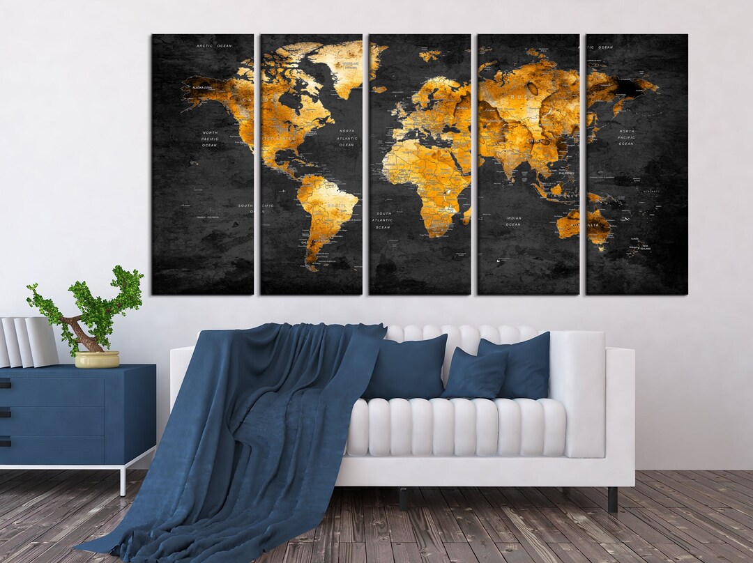 Large Black and Gray World Map Canvas Wall Art for Home Decor, Push Pin ...