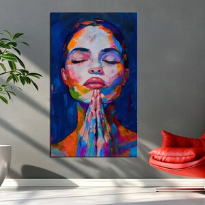 Vibrant Praying Woman Canvas Print - Colorful Abstract Portrait, Large ...