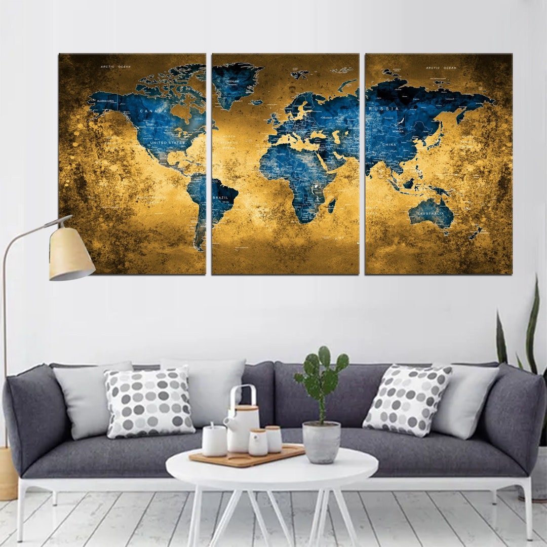 Extra Large Wall Art Canvas, Navy World Map Wall Art Canvas Push Pin ...