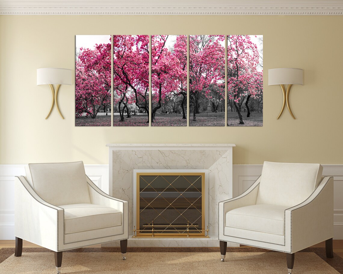Pink Blooms Trees Forest Wall Art Sets Canvas Print Nature - Etsy