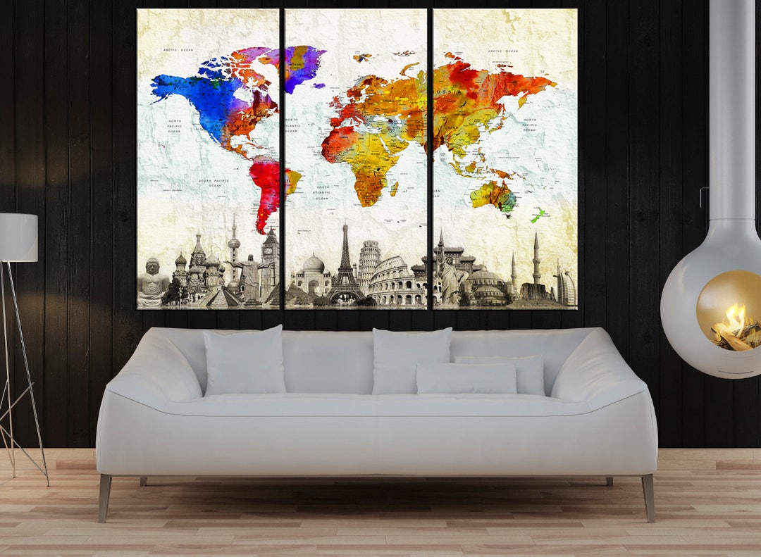 Canvas Wall Art Set of 3 Panel World Map Print for Travel - Etsy