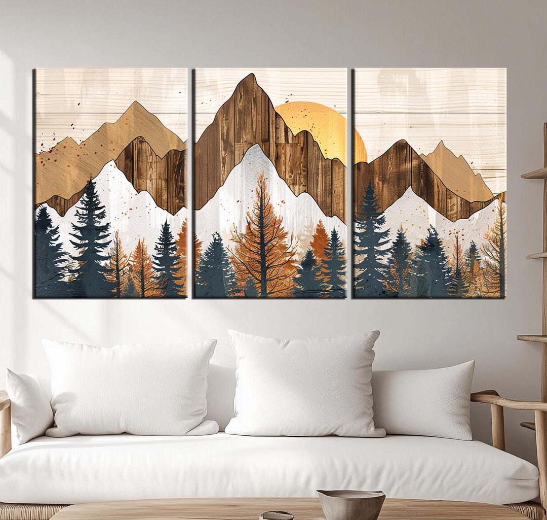 Wood Effect Mountain Landscape Canvas Print | Large Rustic Wall Art for ...