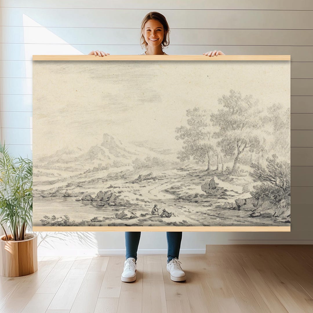 Extra Large Scenic Pencil Drawing Canvas Print | Tranquil Countryside ...