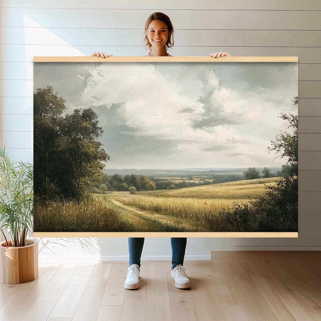 Extra Large Vintage Landscape Canvas Print | Country Field Textile Wall ...