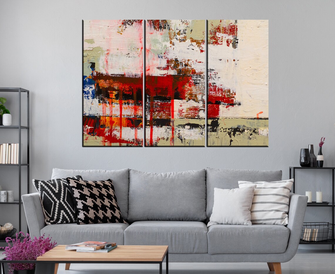 Abstract red Art abstract cream painting canvas print | Etsy