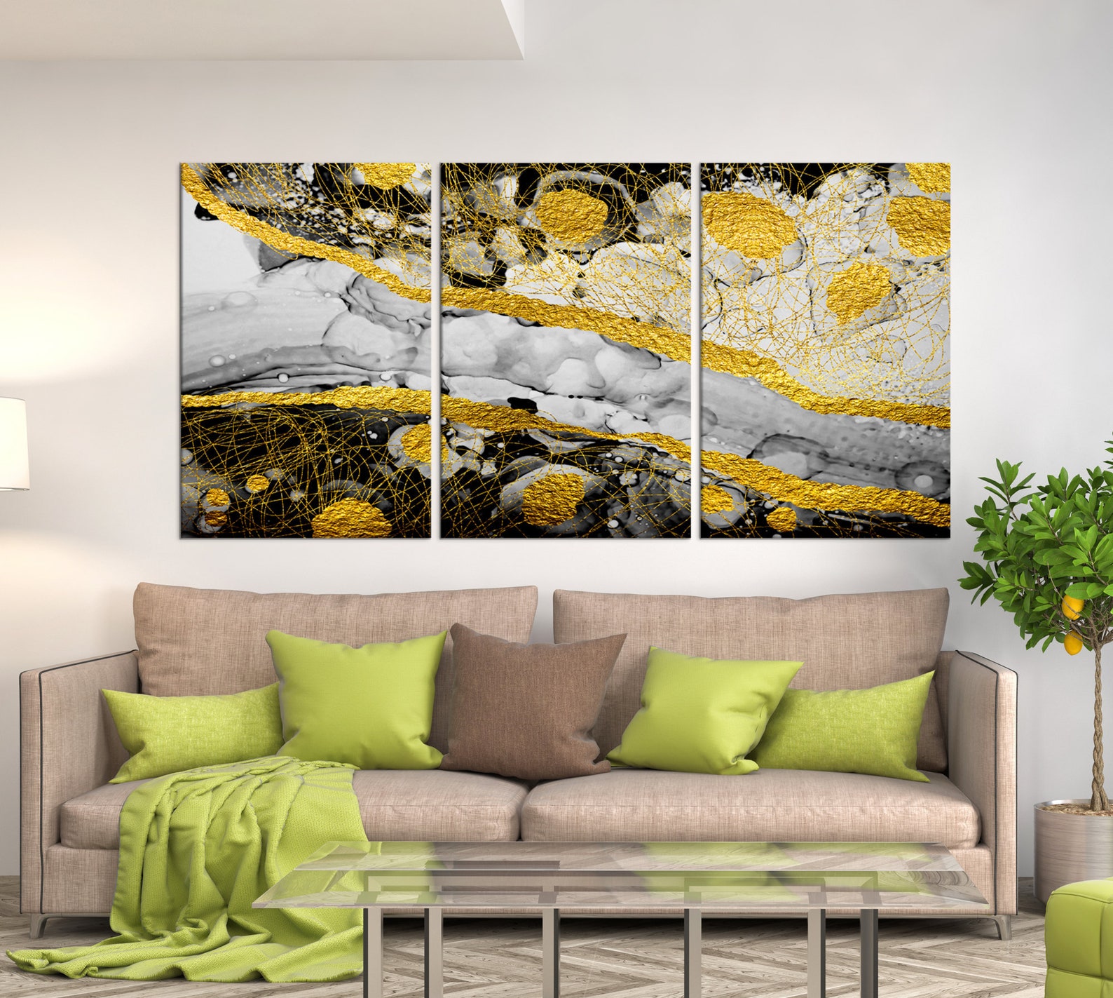 Modern Wall Art canvas set of 3 Abstract gold art Print Large | Etsy