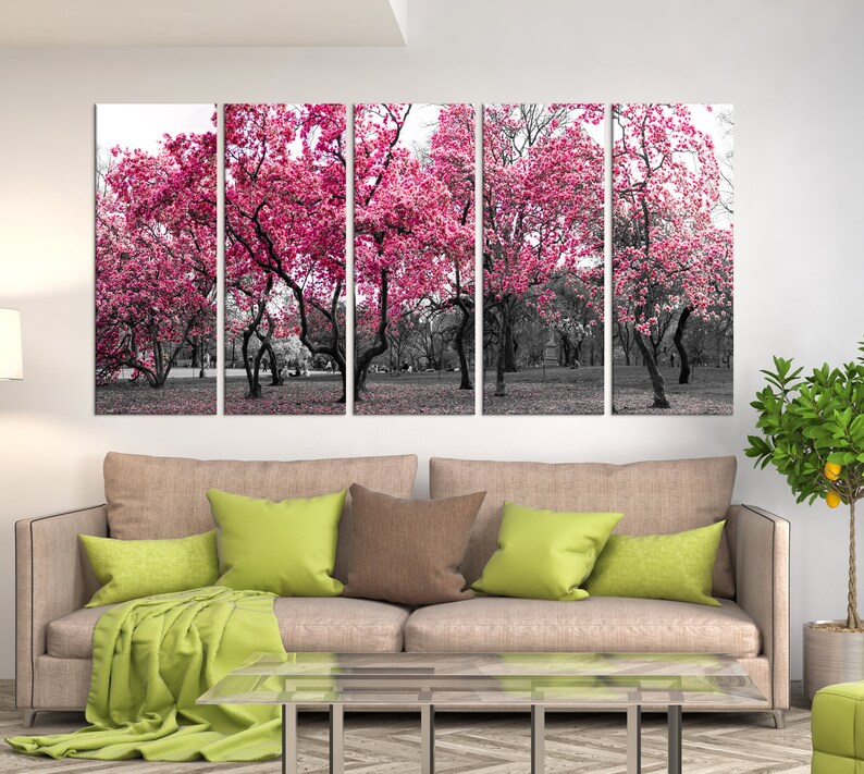 Pink Blooms Trees Forest Wall Art Sets Canvas Print Nature - Etsy