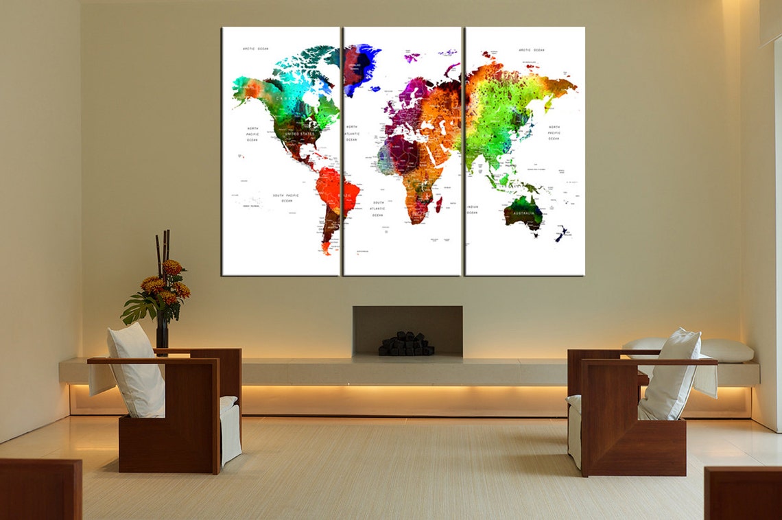 Large Abstract art world map canvas watercolor print World | Etsy