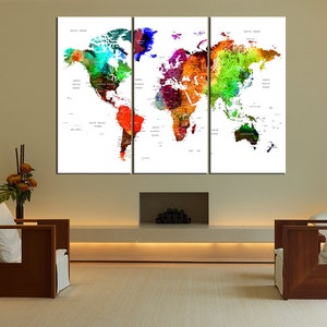 Large Abstract Art World Map Canvas Watercolor Print, World Map Wall ...