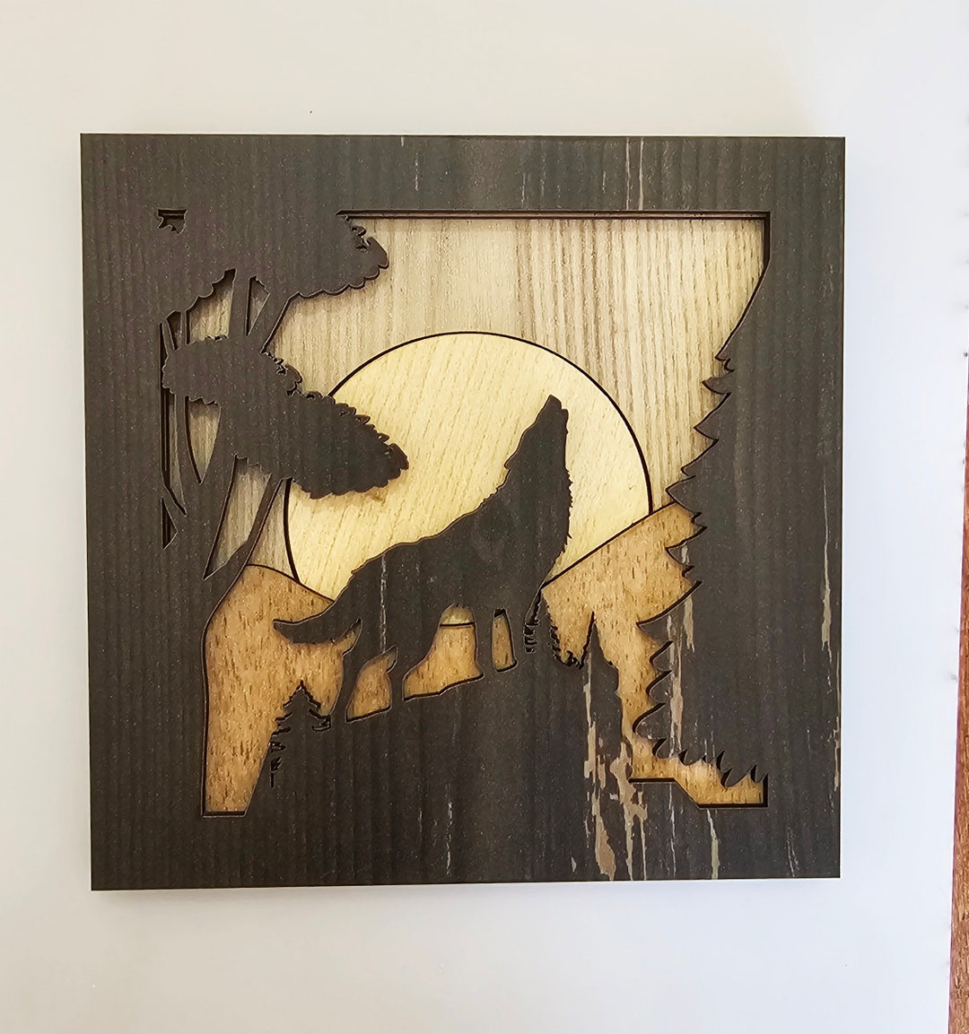 3d Layered Wolf Howling Wood Art Mountain Laser Cut Rustic Table Decor ...