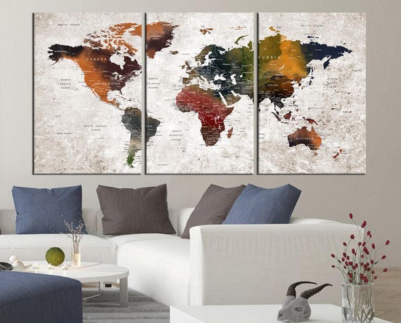 Push Pin World Map With Usa States Canvas Print Extra Large | Etsy