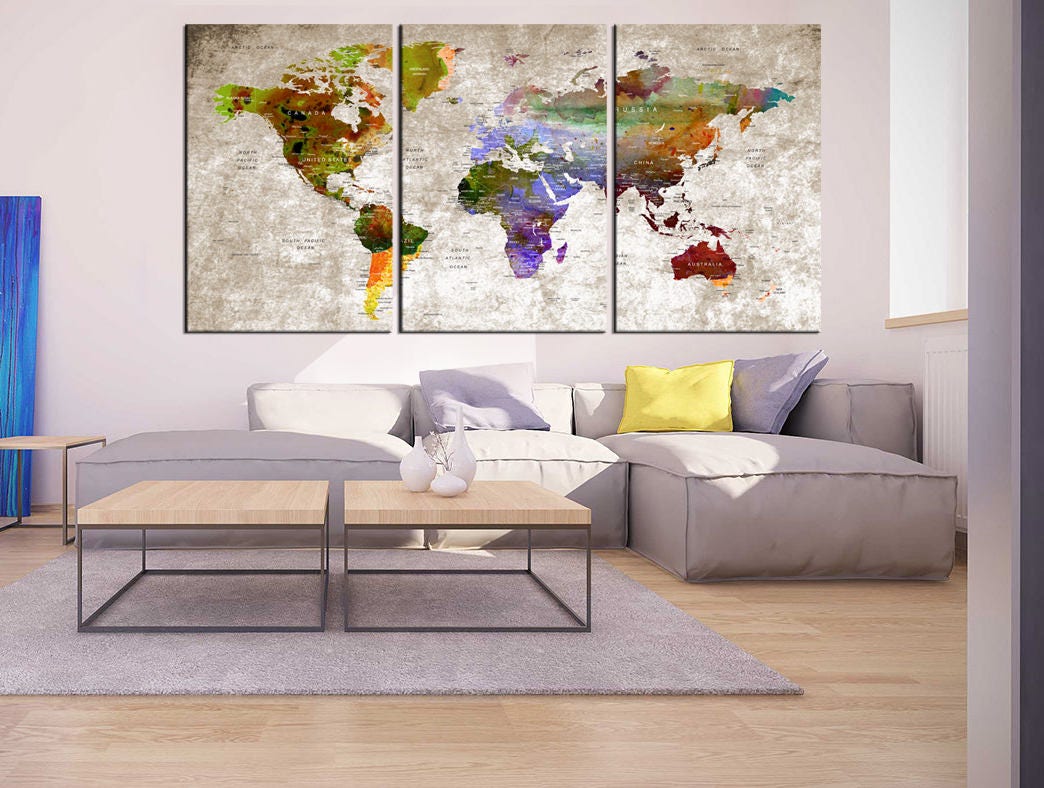 Large Wall Art World Map Canvas Print 3 Panel Push Pin World | Etsy