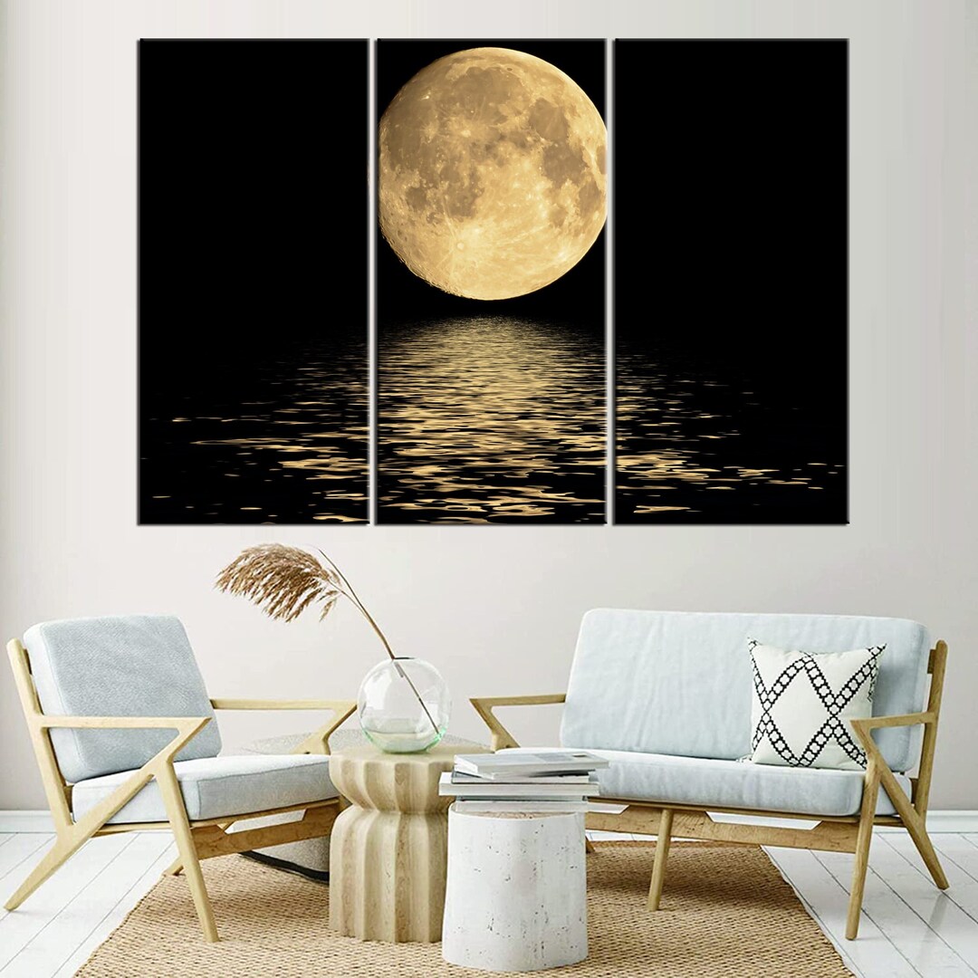 Full Moon Over Water Triptych Canvas Large Modern Wall Art, Stunning ...