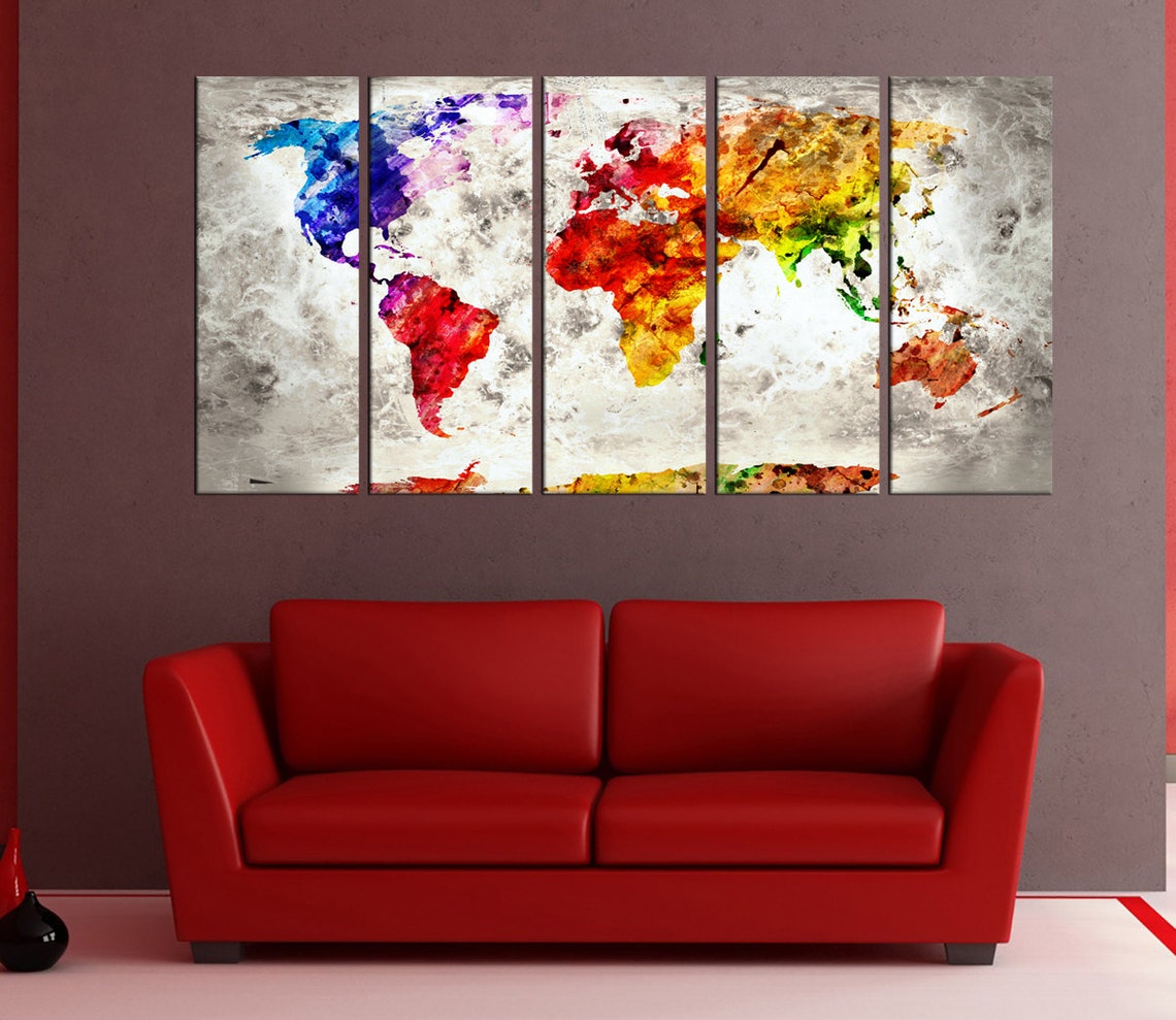 Large abstract art canvas world map wall art modern wall | Etsy