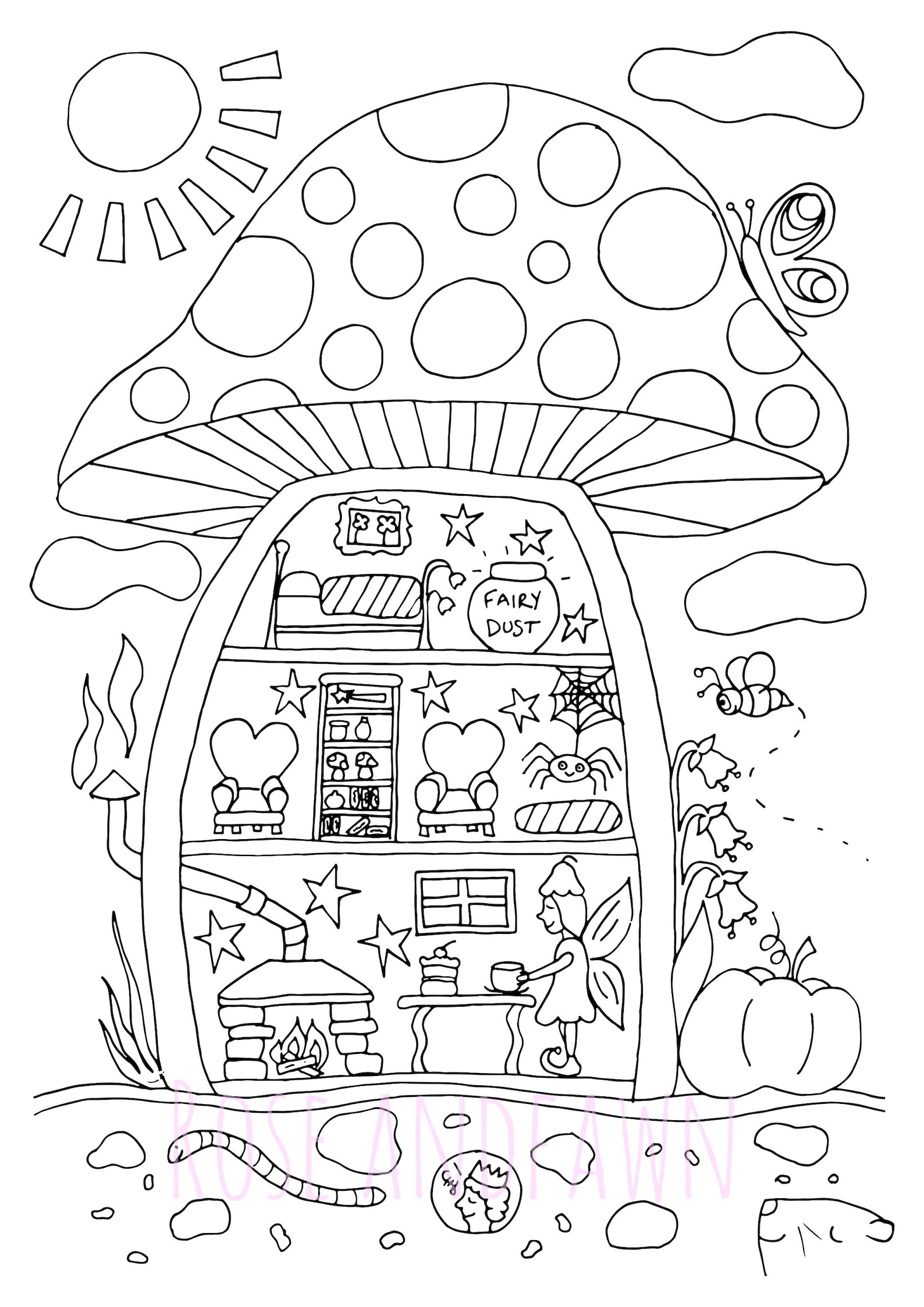 Fairy toadstool house kids colouring sheet printable | Etsy