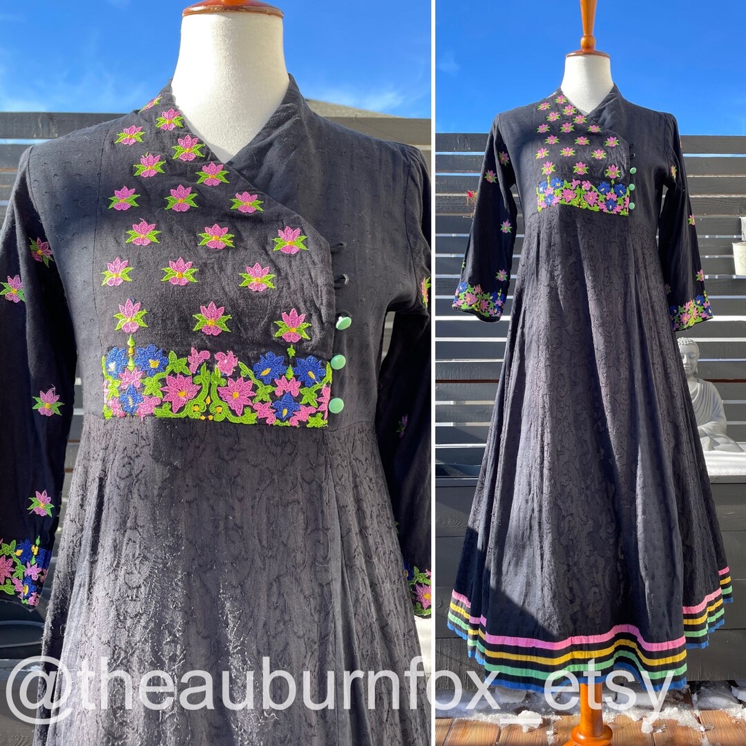 Black Indian Dress With Floral Embroidery Sz S - Etsy