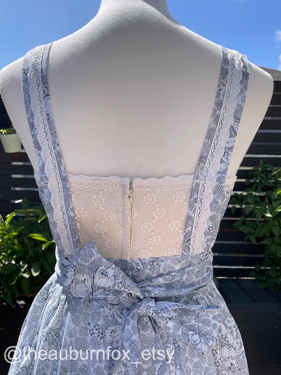 Late 60's Gunne Sax Blue Tulip & Lace Maxi Sundress S… - Gem