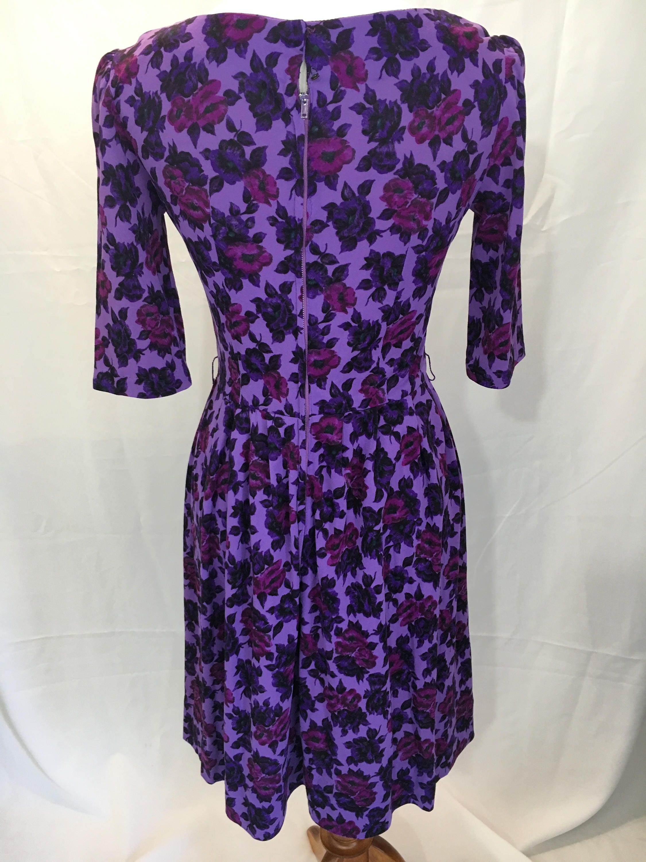 50's/60's Rich Violet Floral Dress | Etsy