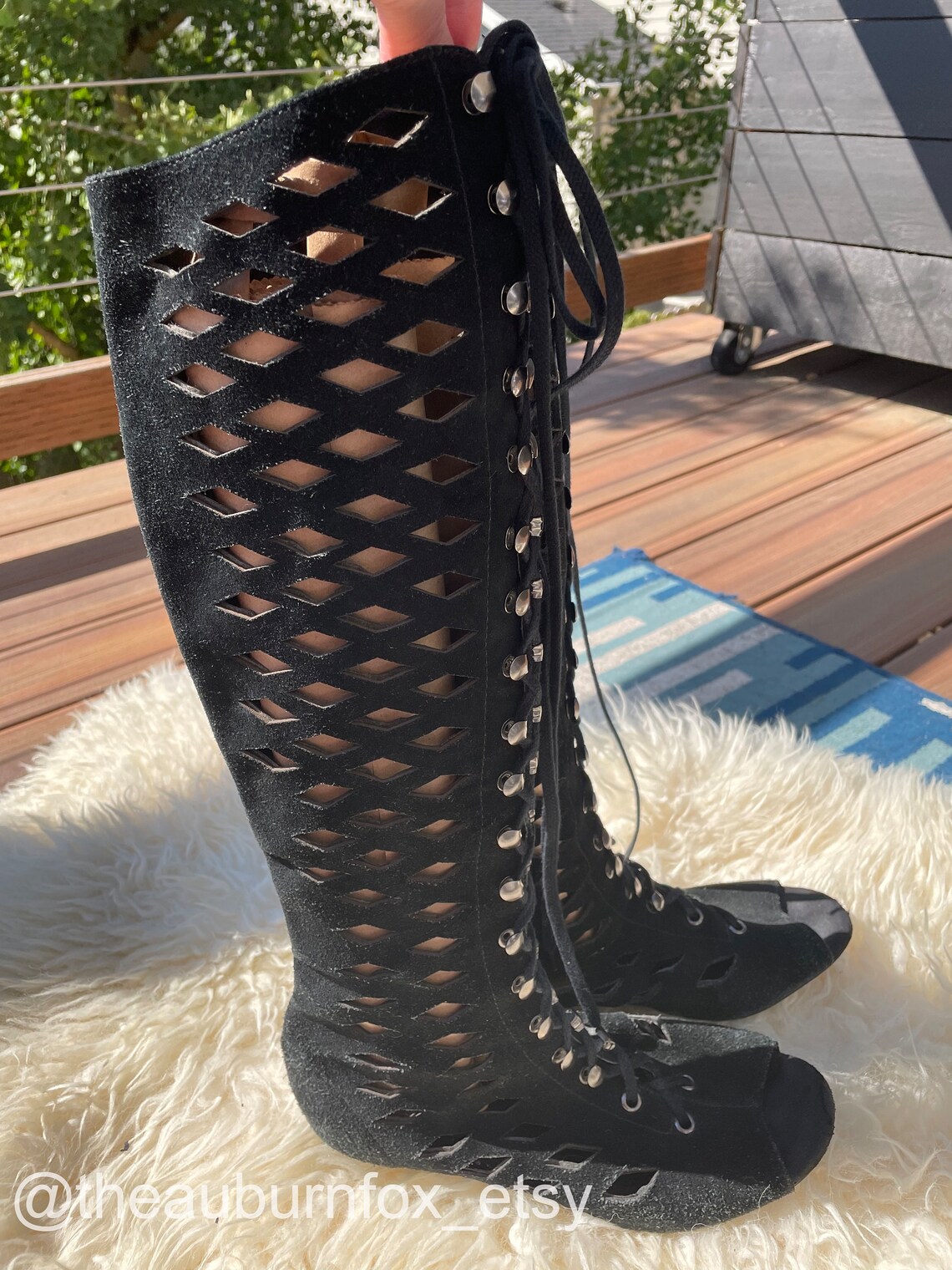 Black Suede Cutout Knee-hi Lace up Boots Sz 6.5/7 - Etsy