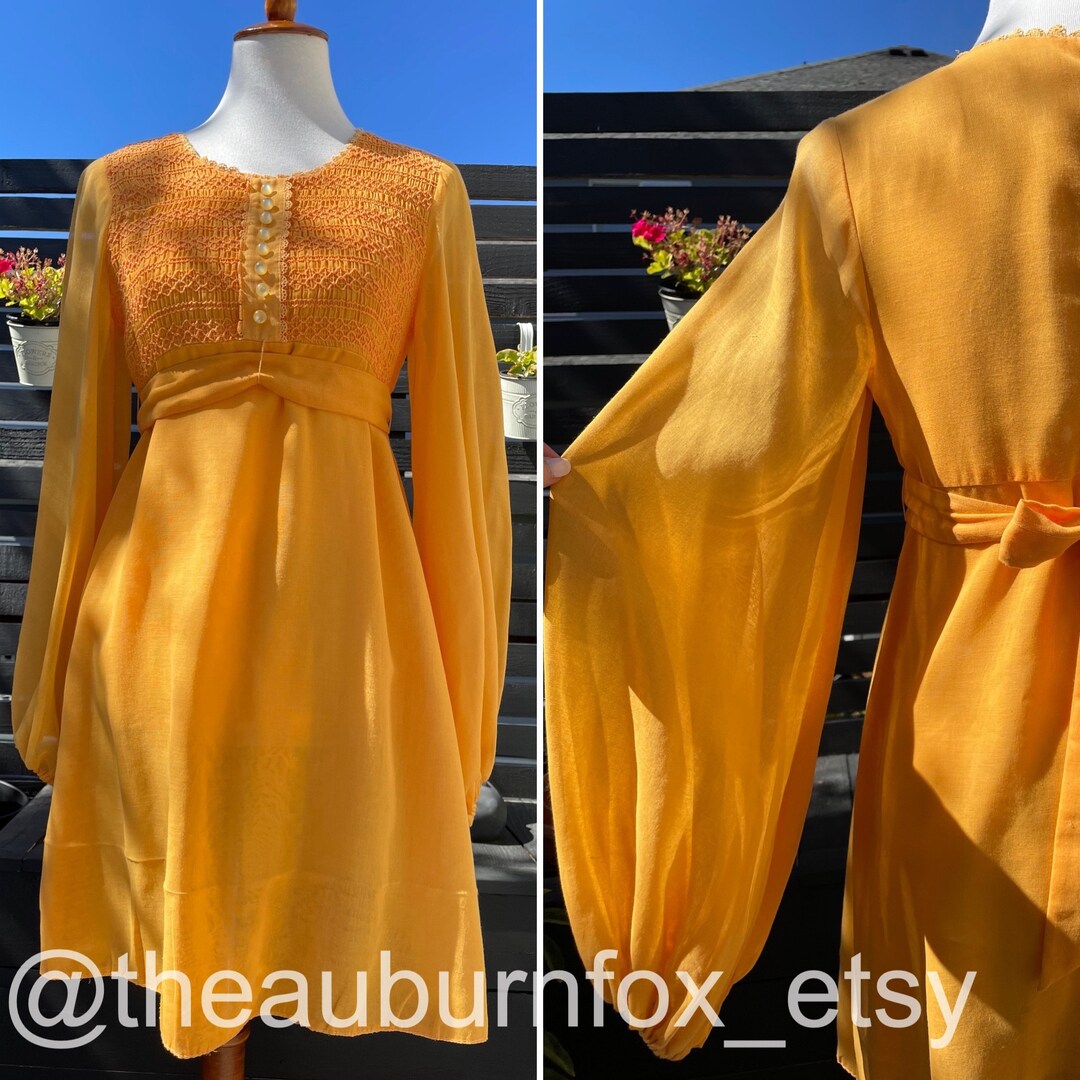 70's Tumeric Mini Dress With Bishop Sleeves Sz S - Etsy