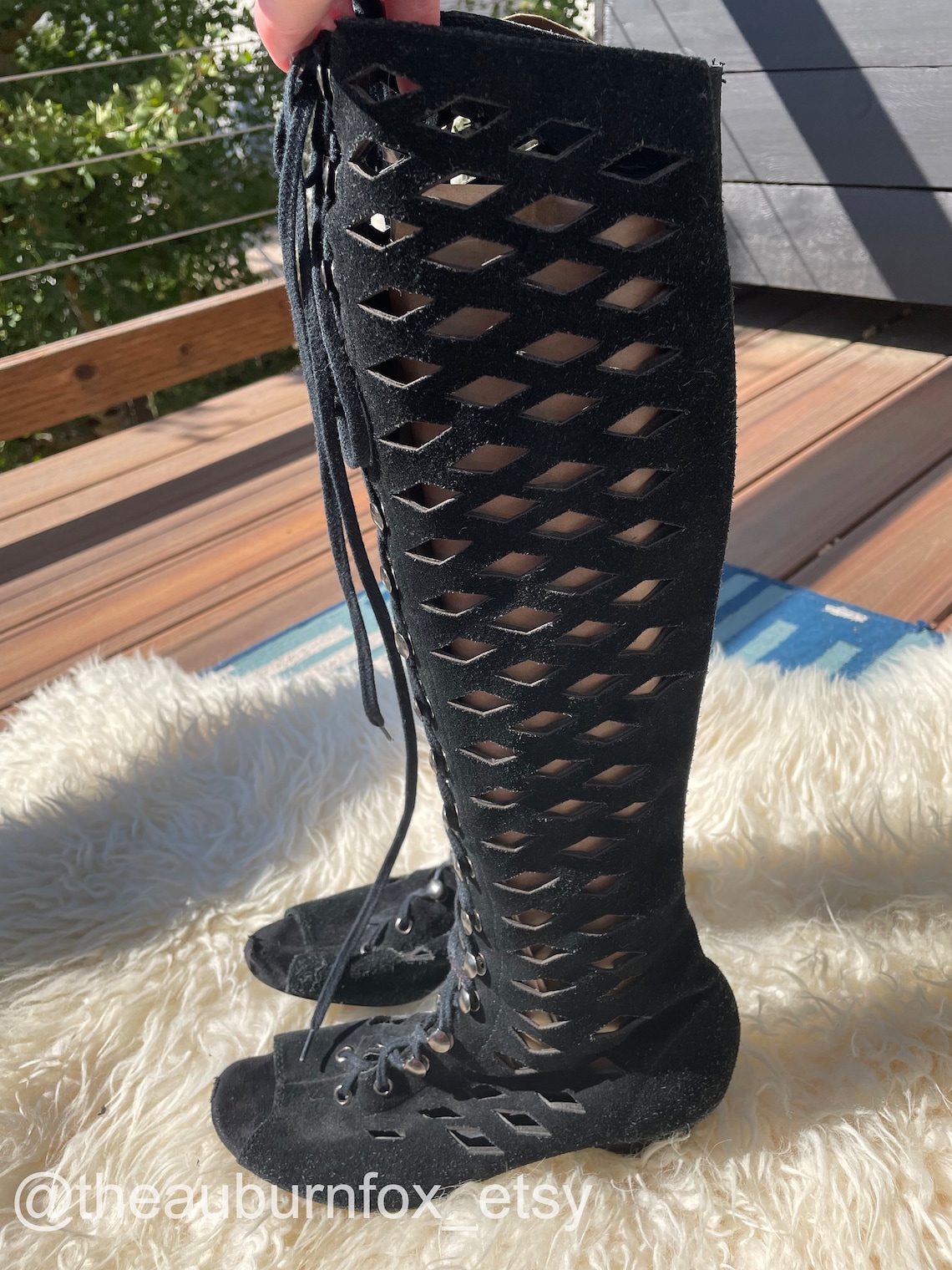 Black Suede Cutout Knee-hi Lace up Boots Sz 6.5/7 - Etsy