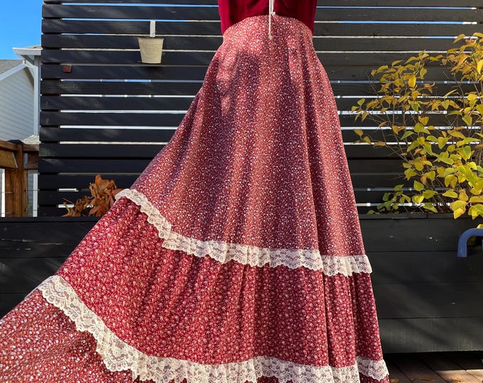 70's Gunne Sax Cranberry Red Floral & Velvet Maxi Sundress Sz XS ...