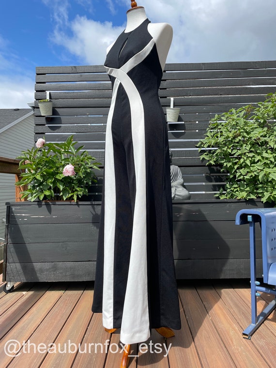 70's JC Penney Black & White Wide Flare Leg Jumpsuit … - Gem