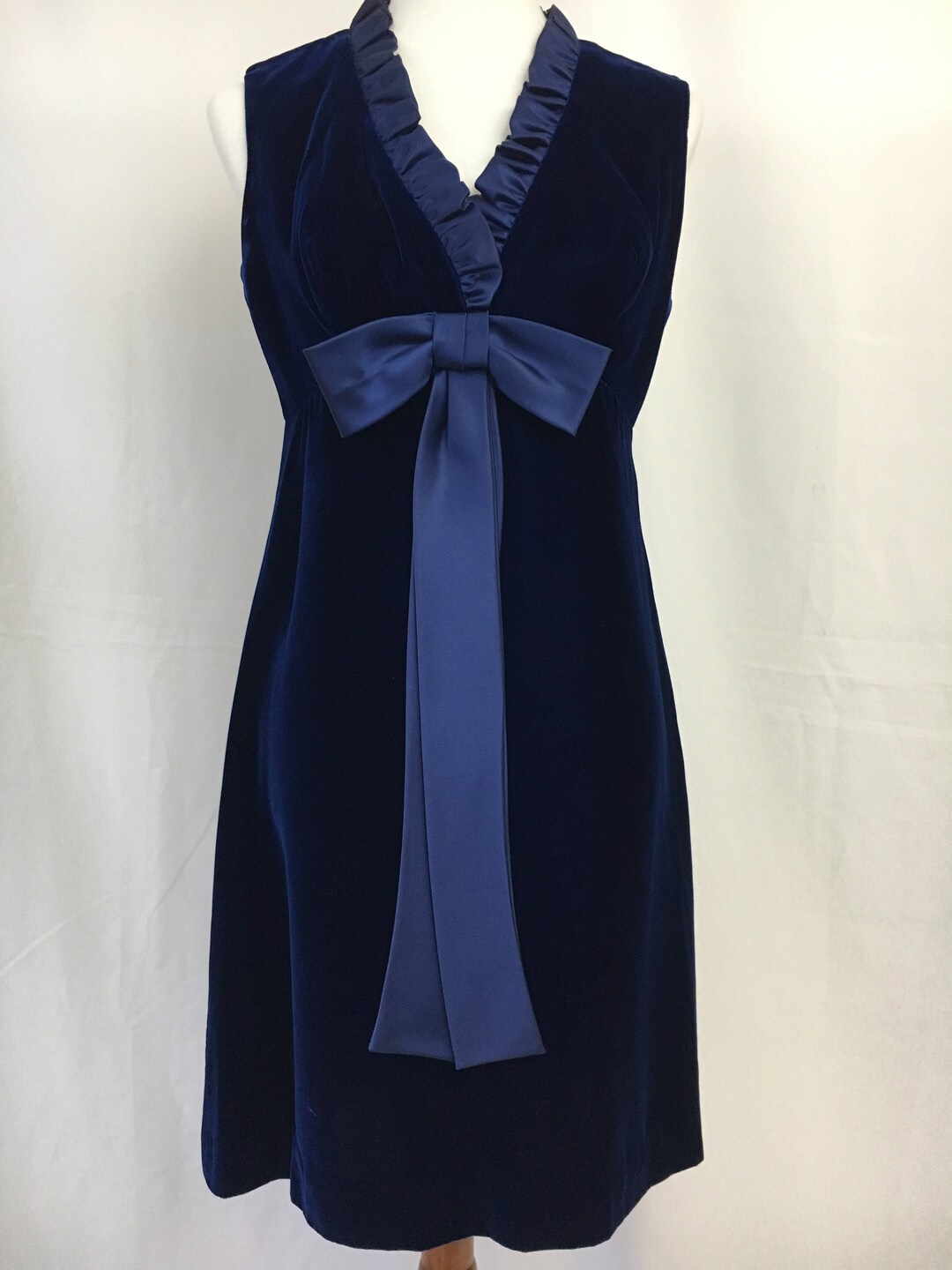 70's Blue Velvet Bow Dress - Etsy