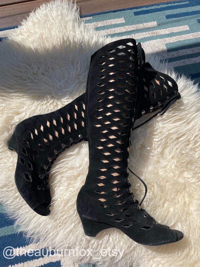 Black Suede Cutout Knee-hi Lace up Boots Sz 6.5/7 - Etsy