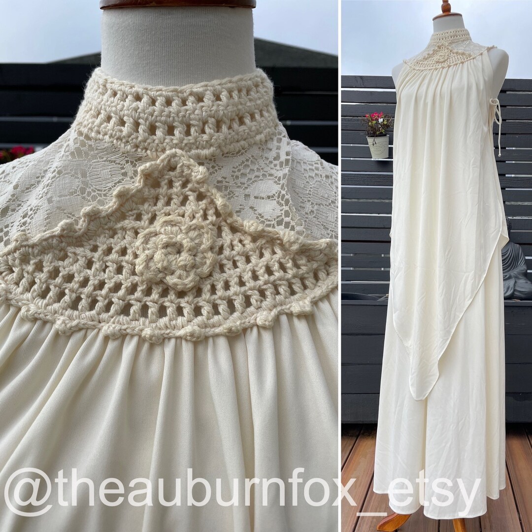 70's Cream Greek Goddess Disco Maxi With Knit Collar & Rosette Sz S - Etsy