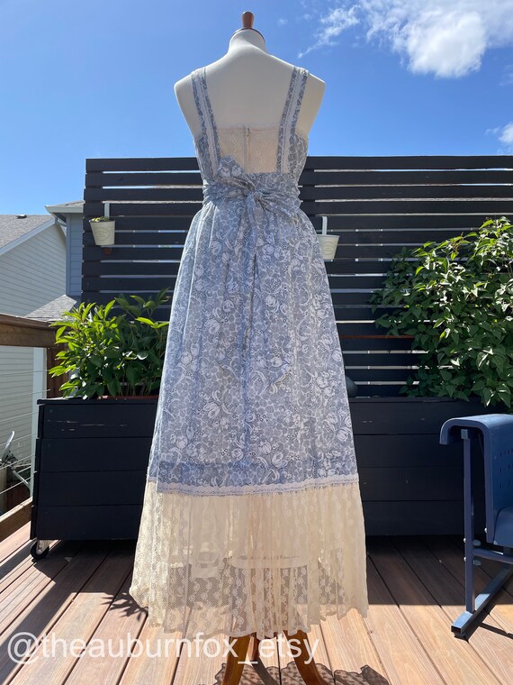 Late 60's Gunne Sax Blue Tulip & Lace Maxi Sundress S… - Gem