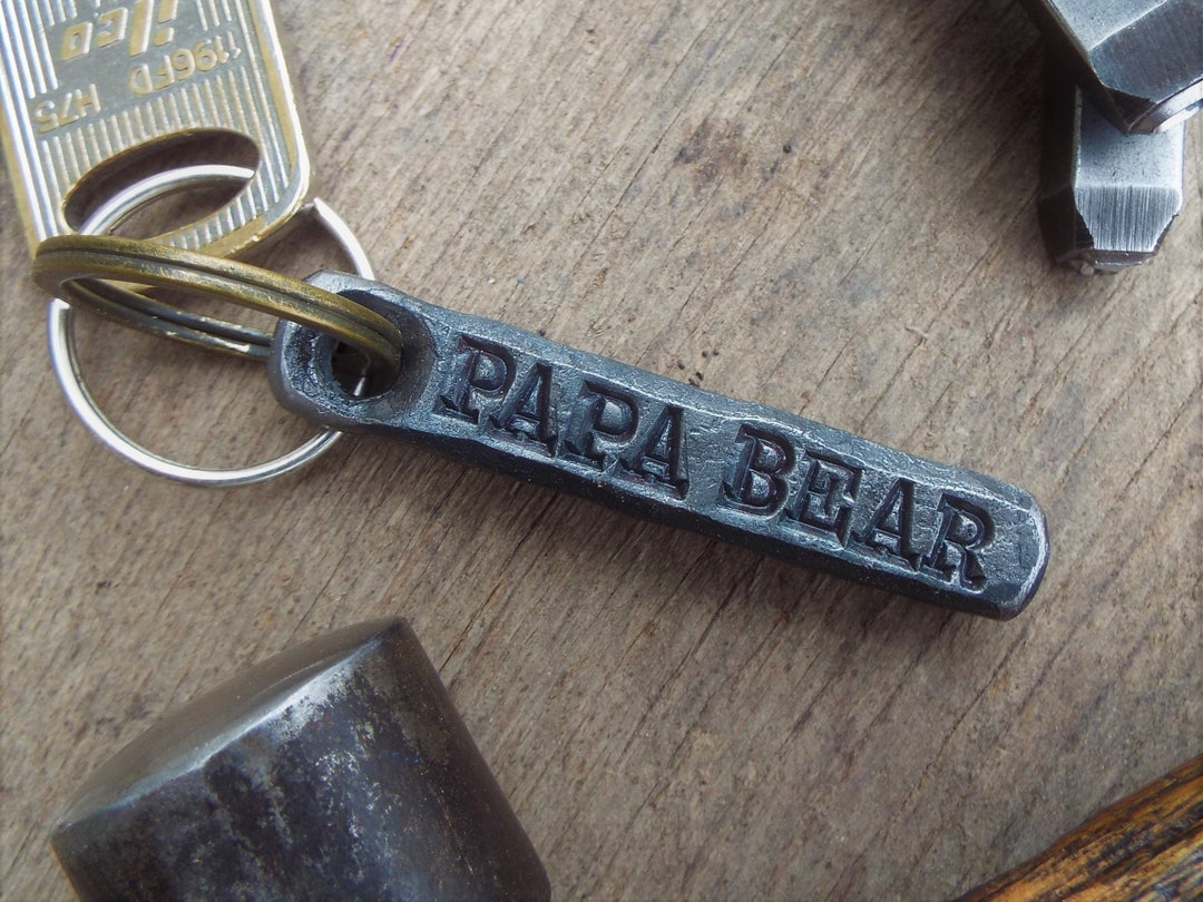 Iron PAPA BEAR Keychain. Blacksmith Forged Steel Key Chain Customizable ...