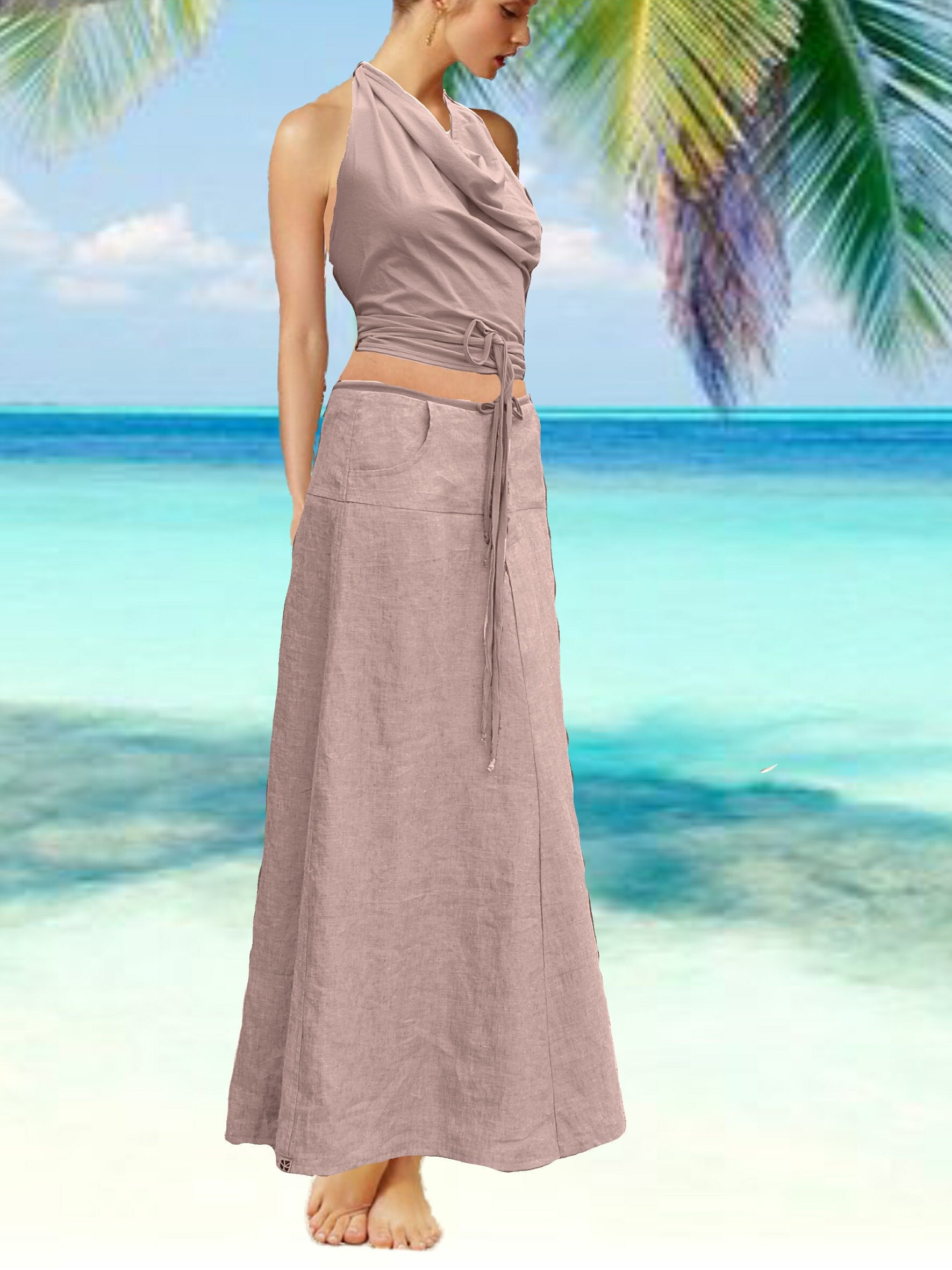 long linen skirt, long wide summer skirt, long beach skirt, chambray ...