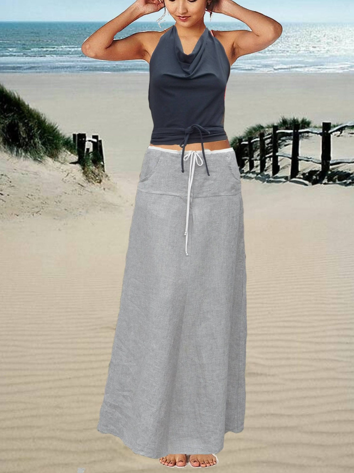 long linen skirt, long wide summer skirt, long beach skirt, chambray ...
