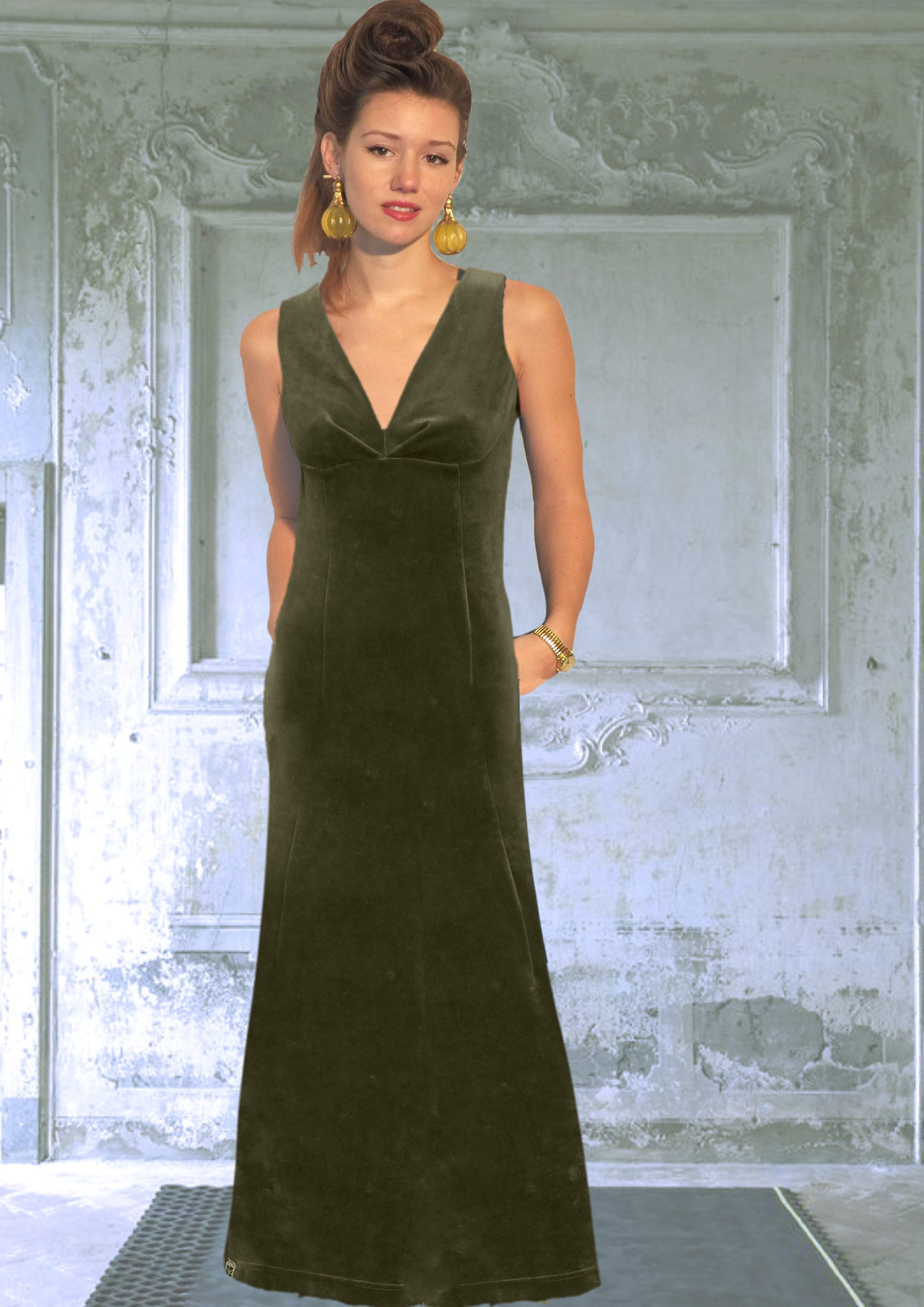 velours maxi pencil dress with pleated V neckline