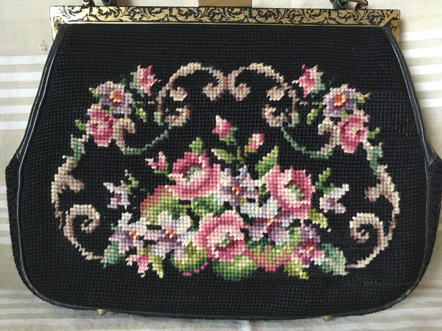 Vintage Needlepoint Wool Purse bag mid-century style floral | Etsy