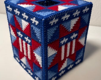 Plastic Canvas Handmade in the USA Patriot Tissue Box Cover White Blue ...